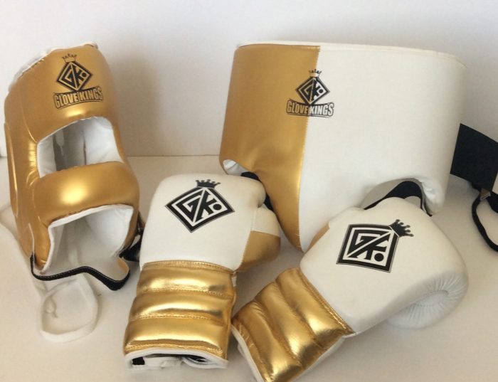 Boxing sparring set cowhide leather gold and white - The Nutrition King